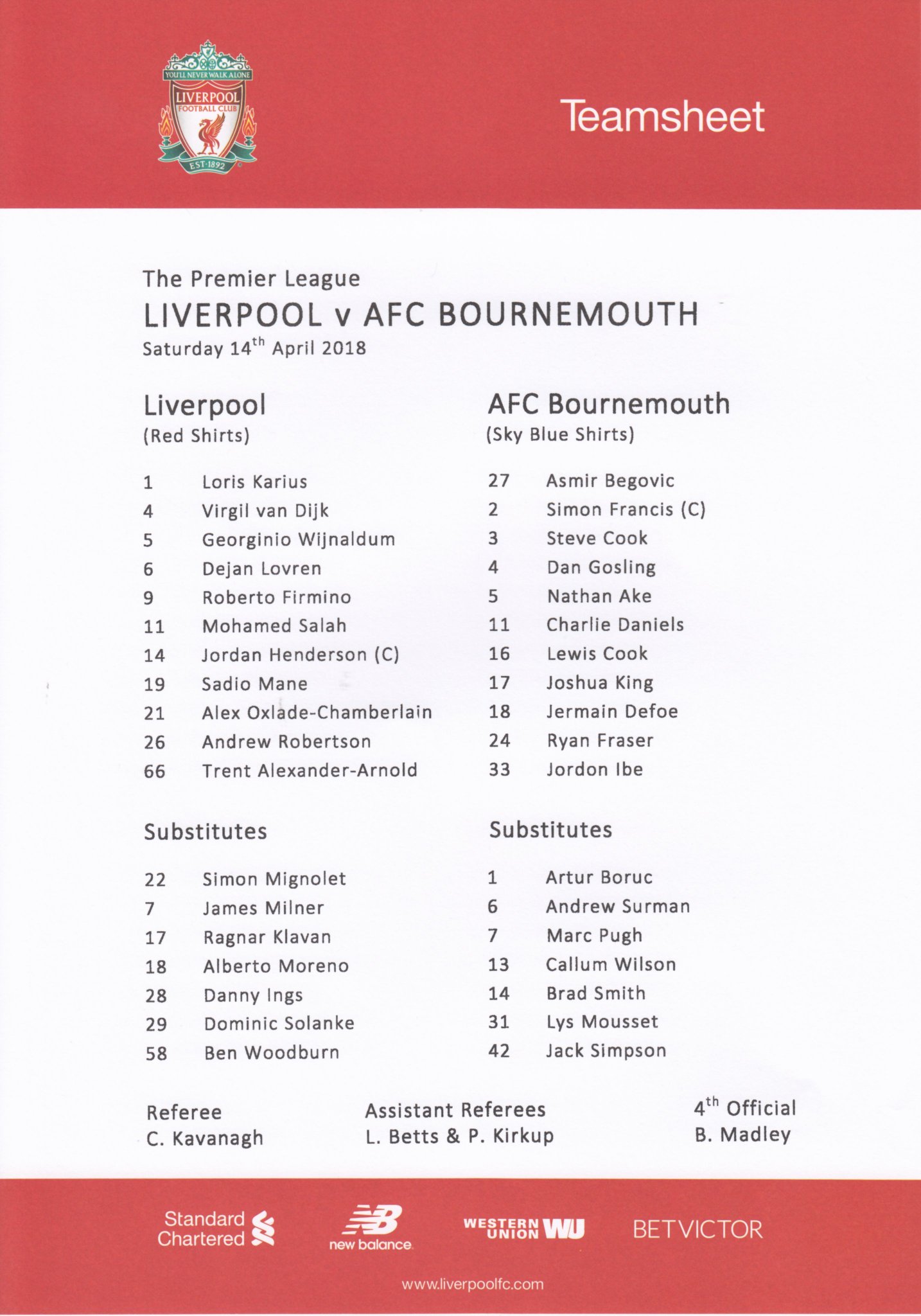 Bournemouth 14 Apr 2018 - LFChistory.net