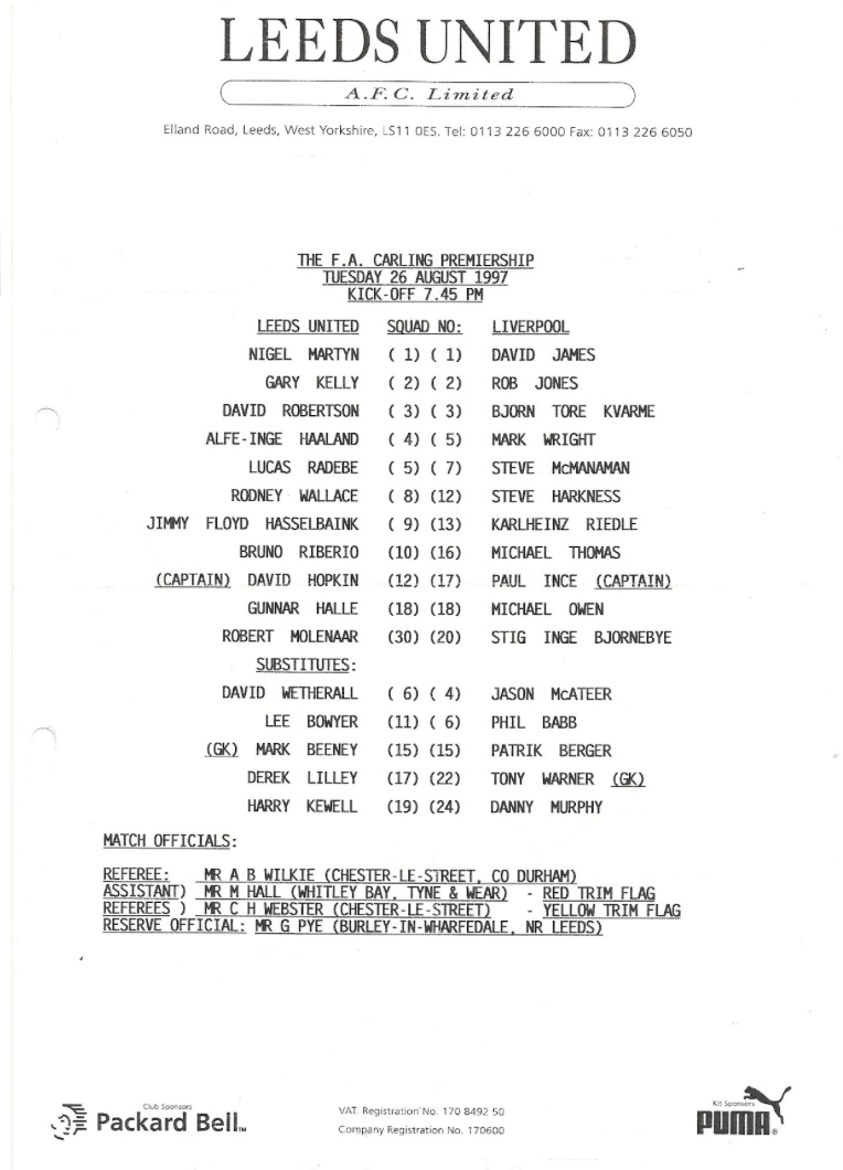 Leeds United 26 Aug 1997 - LFChistory.net