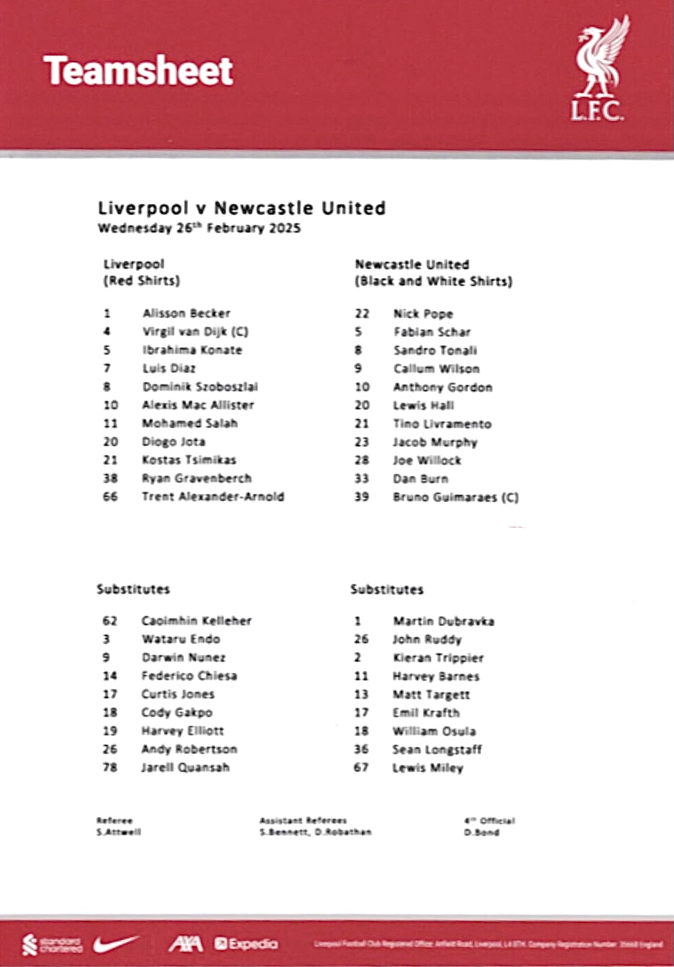Matchdetails from Liverpool - Newcastle United played on Wednesday 26 ...