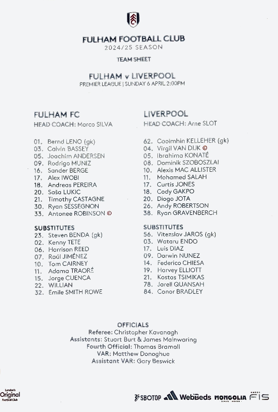 Fulham 06 Apr 2025 - LFChistory.net