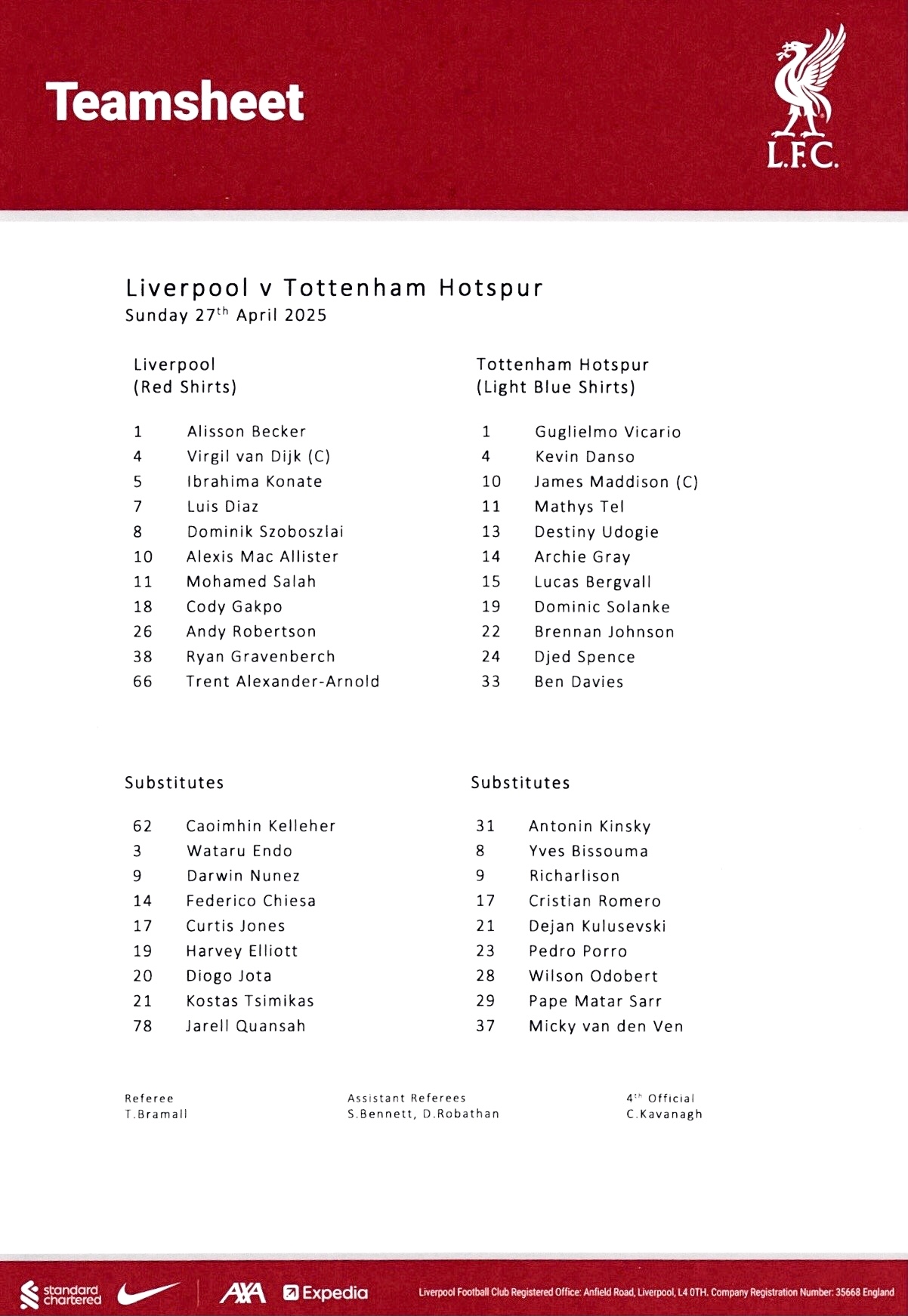 Matchdetails from Liverpool - Tottenham Hotspur played on Sunday 27 ...