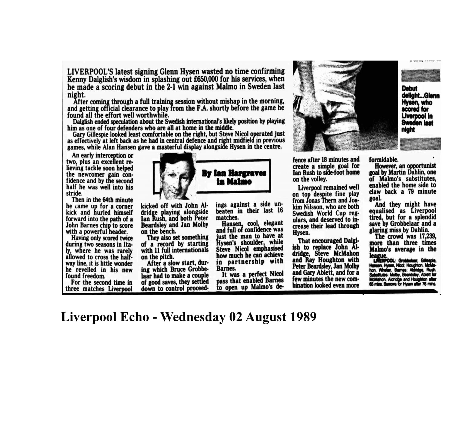 Matchdetails from Malmo - Liverpool played on Tuesday 1 August 1989 ...