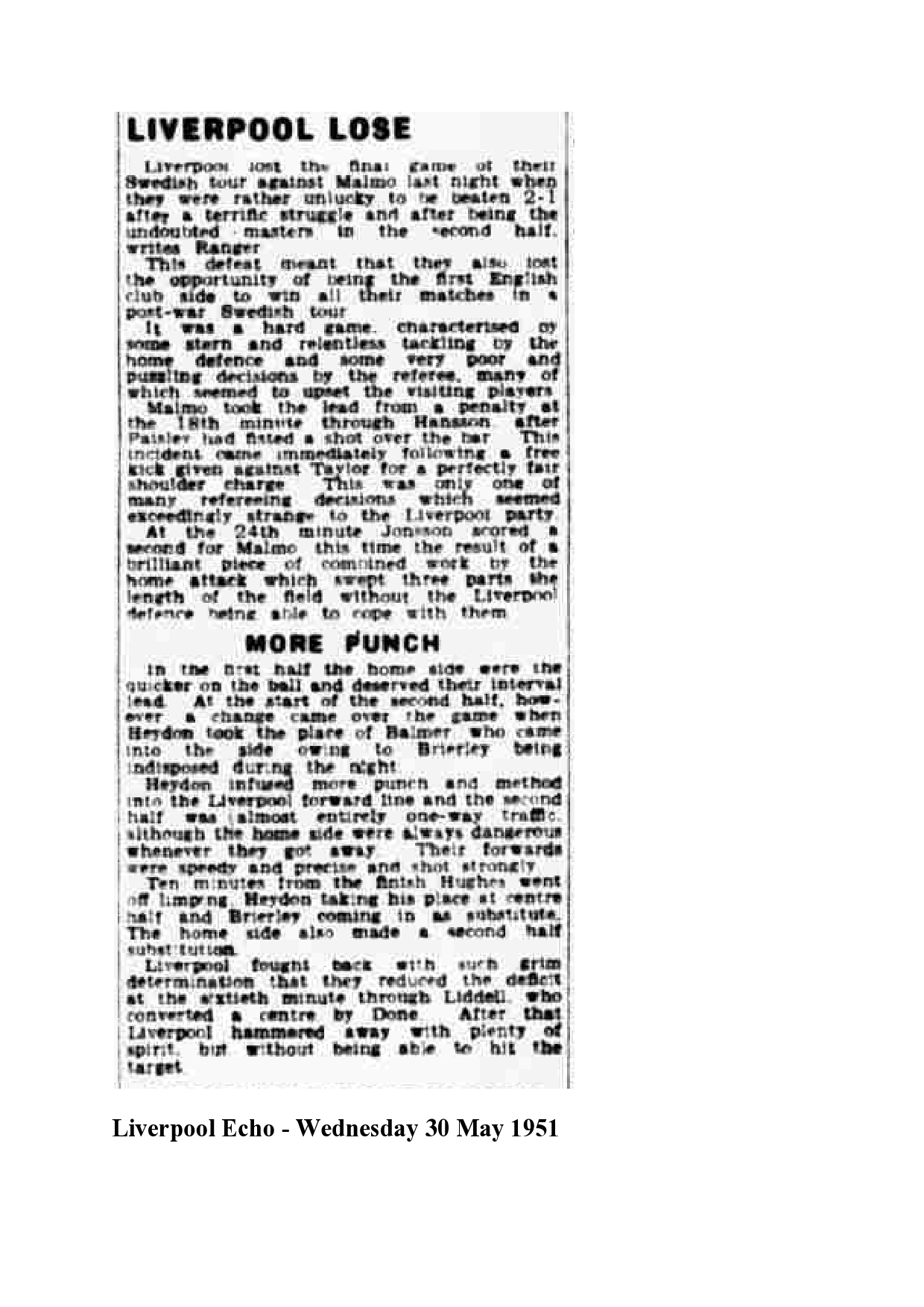 Matchdetails from Malmo - Liverpool played on Tuesday 29 May 1951 ...