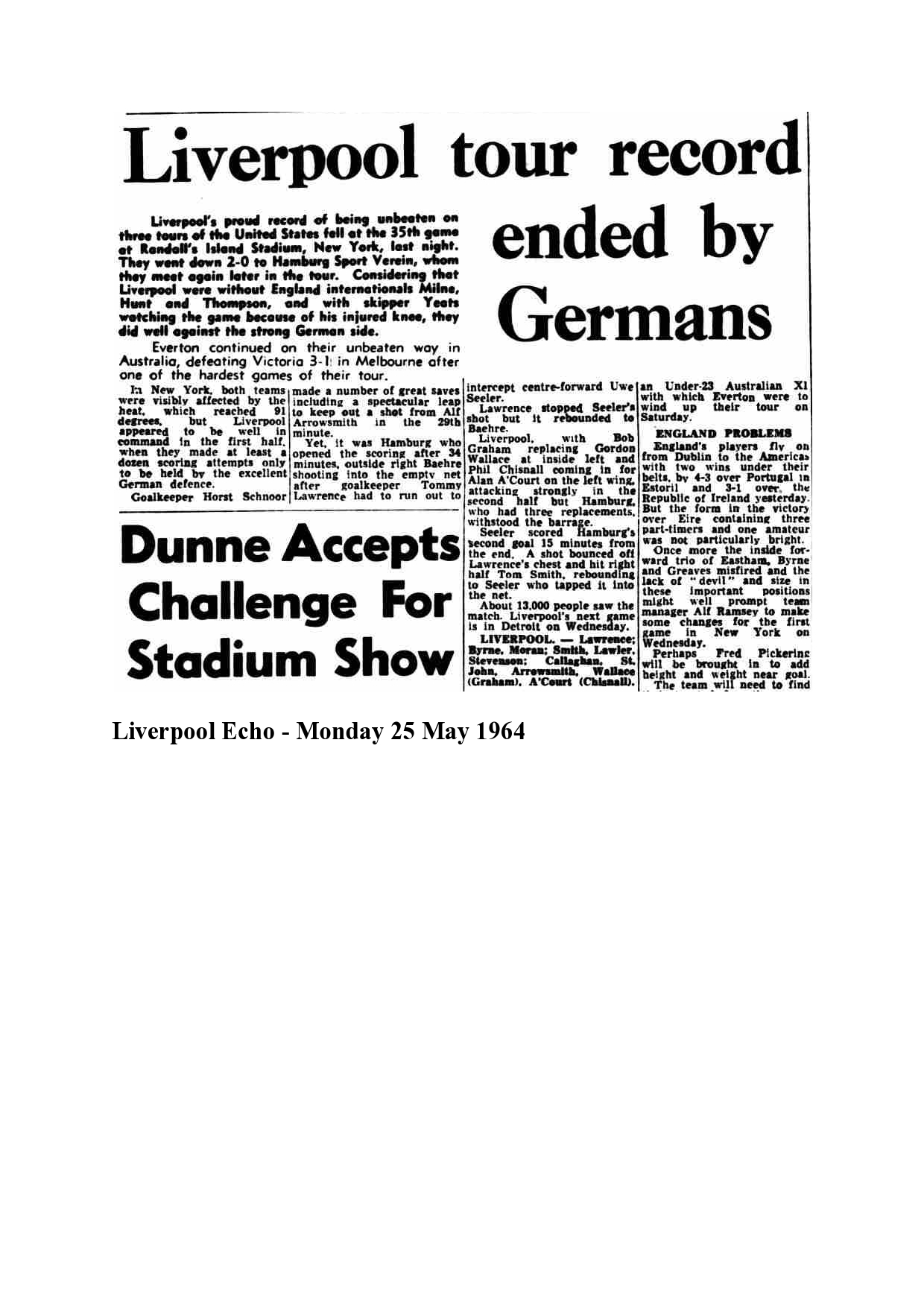 Matchdetails from Hamburg SV - Liverpool played on Sunday 24 May 1964 ...