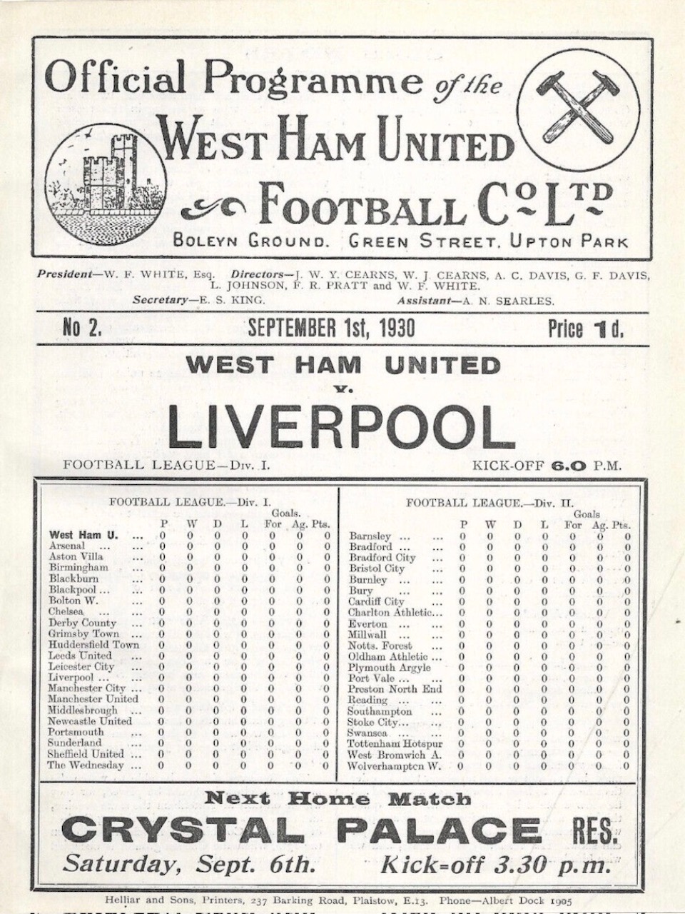 West Ham United 01 Sep 1930 - LFChistory.net