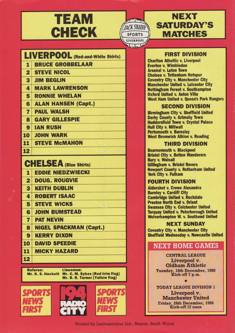 Chelsea 14 Dec 1986 - LFChistory.net